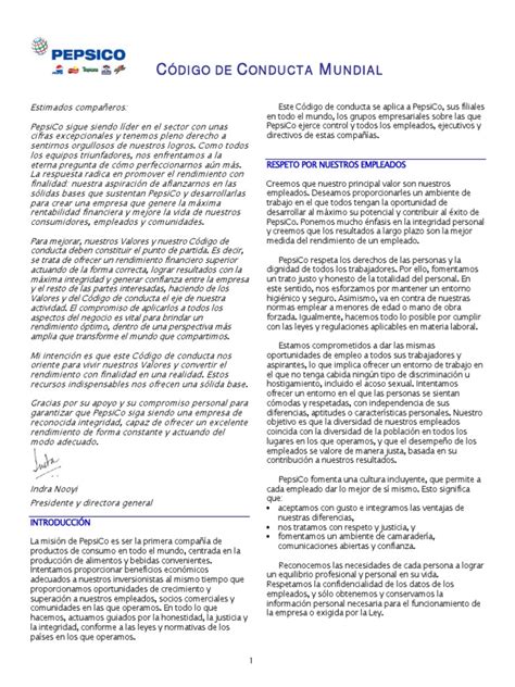 Codigo De Conducta Pepsico Pdf Pepsi Co Derecho Laboral