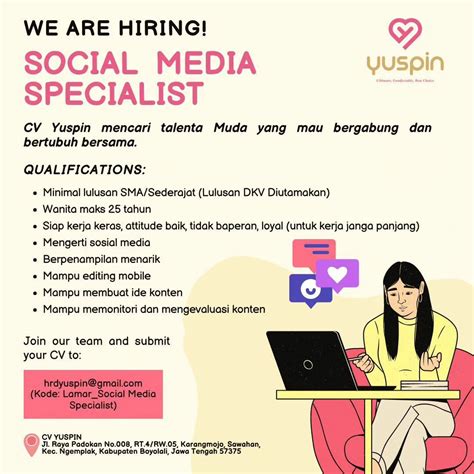Lowongan Kerja Juli 2023 Social Media Specialist Cv Yuspin Di Solo