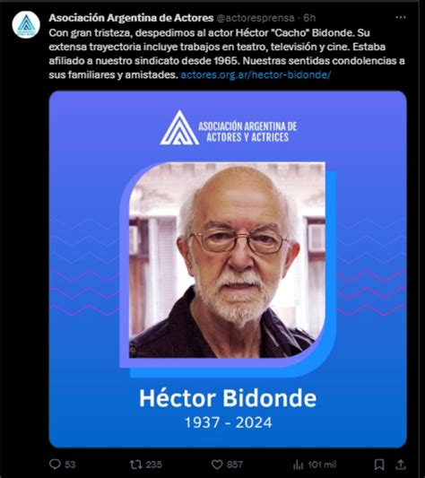 A los 86 años murió el actor Héctor Cacho Bidonde