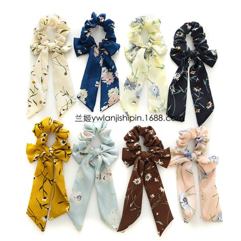 雪纺蝴蝶结碎花发圈女式欧美马尾飘带大肠圈头饰打结长款布圈 阿里巴巴