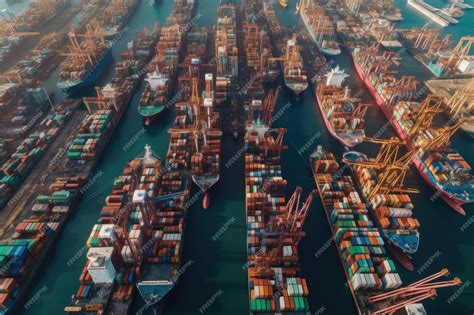 Premium Ai Image Aerial View Of Cargo Ships At A Busy Port Created
