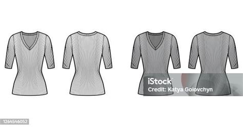 리브드 V넥 니트 스웨터 테크니컬 패션 일러스트와 팔꿈치 소매 밀착 모양 튜닉 길이 0명에 대한 스톡 벡터 아트 및 기타 이미지 0명 검은색 겨울 Istock