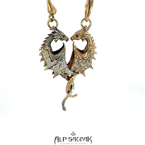 Alp Sagnak 14k Yellow Gold 925k Silver Dragon Pendant Diamonds Black