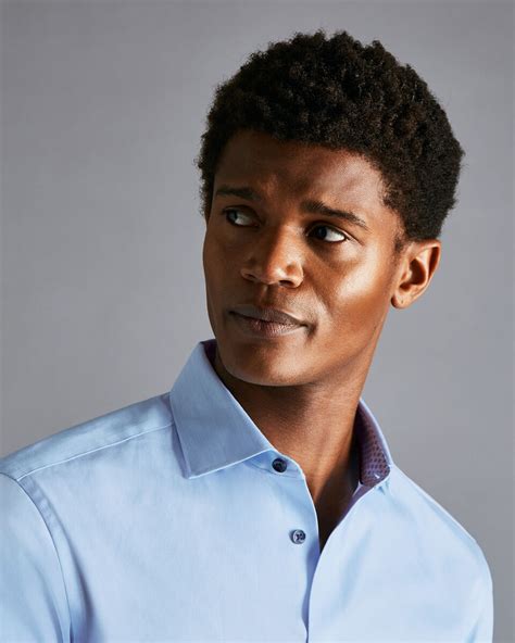 Semi Cutaway Collar Twill Printed Trim Shirt Sky Blue Charles Tyrwhitt