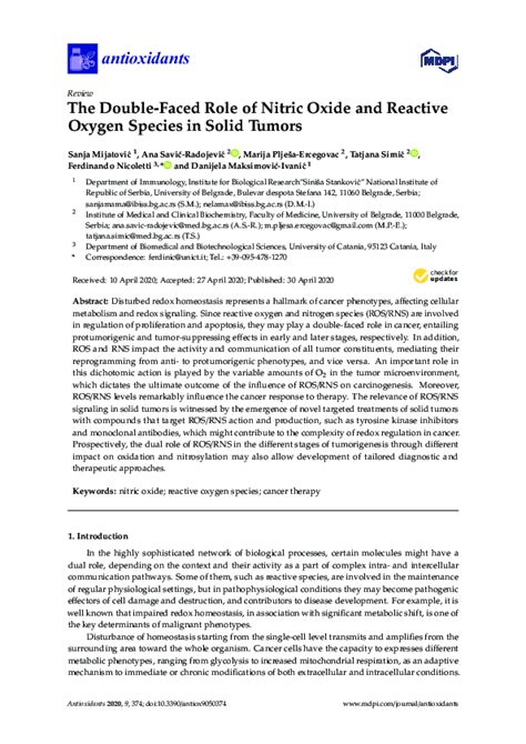 Pdf The Double Faced Role Of Nitric Oxide And Reactive Oxygen Species