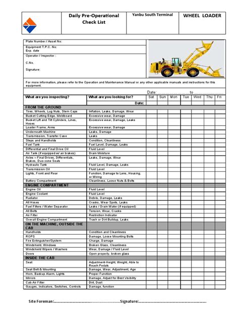 Daily Pre Operationla Check List Wheel Loader Pdf Truck Loader