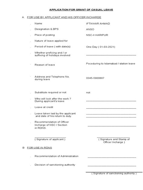 Casual Leave Proforma Pdf Finance And Money Management