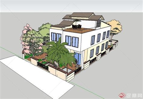 某欧式风格别墅建筑及庭院花园设计su模型 原创 Sketchup模型库 毕马汇 Nbimer
