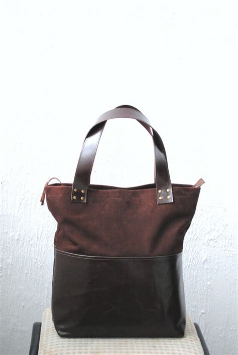 Large Brown Leather Tote Bag Brown Suede Bag By PichykDesign