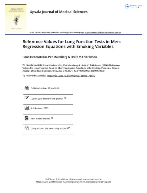 Pdf Reference Values For Lung Function Tests In Men Regression Equations With Smoking Variables