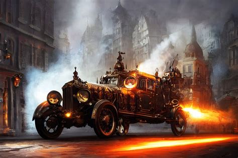 Retro Car Fantastic Design In Steampunk Style High Speed With Fire