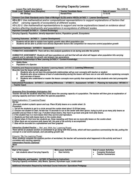 Carrying Capacity Lesson Pdf Educational Assessment Learning