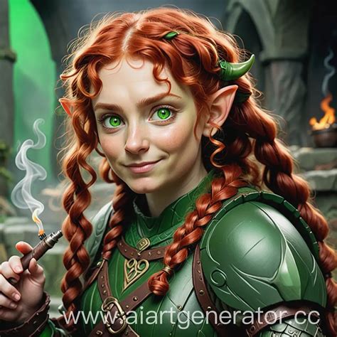 Hobbit Woman In Green Armor Smoking A Pipe Ai Art Generator
