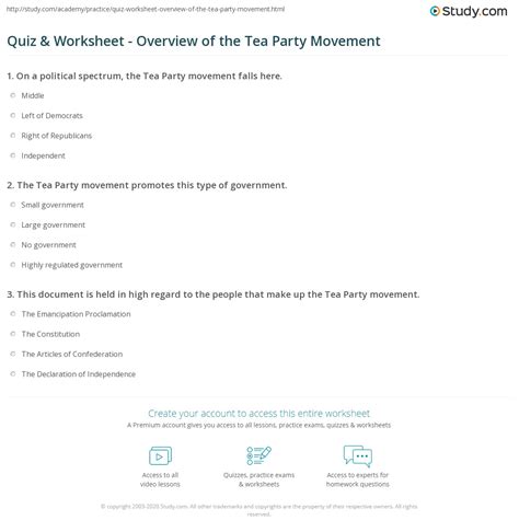 Quiz And Worksheet Overview Of The Tea Party Movement