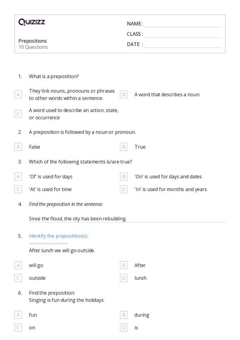 50 Prepositions Worksheets For 7th Class On Quizizz Free Printable