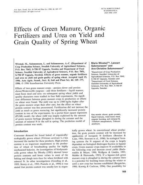 (PDF) Effects of Green Manure, Organic Fertilizers and Urea on Yield and Grain Quality of Spring ...