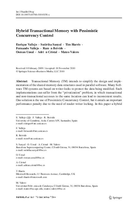 Pdf Hybrid Transactional Memory With Pessimistic Concurrency Control