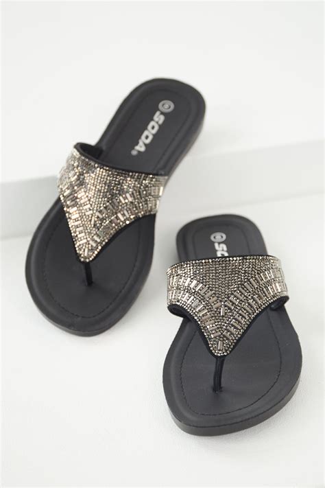 Black Rhinestone Flat Slip On Sandals Lime Lush Boutique