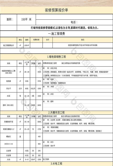 装修工程预算报价表下载 包图网