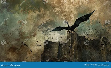 Pterosaur Flying Over Ancient Ruins Concept Of Prehistoric Life