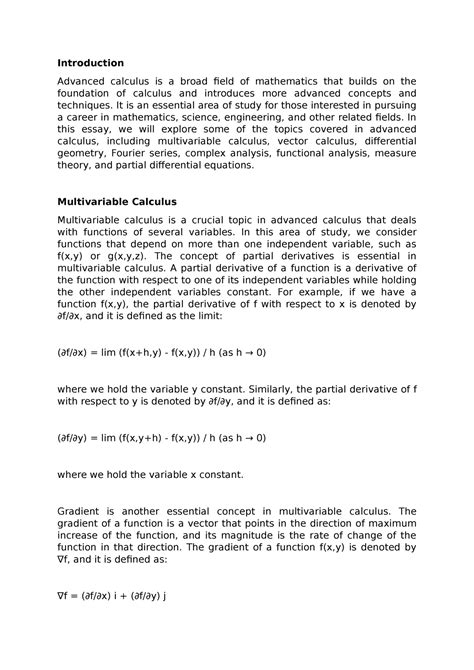 Advance Calculus Math265 Introduction Advanced Calculus Is A Broad Field Of Mathematics That