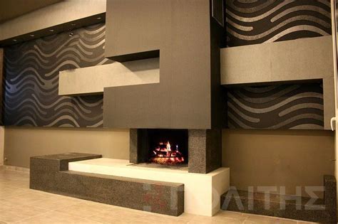 Modern Wall Mounted Fireplace With Burnt Granite And White Marble