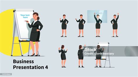 현대 플립 차트 포즈에 발표 또는 강의를 주는 비즈니스 교사 여자 세트 플립 차트와 투명 유리 보드에 쓰기 사업가 평면 벡터