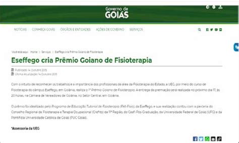 Matéria sobre a criação do Prêmio Goiano de Fisioterapia que teve sua Download Scientific