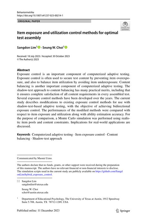 Pdf Item Exposure And Utilization Control Methods For Optimal Test