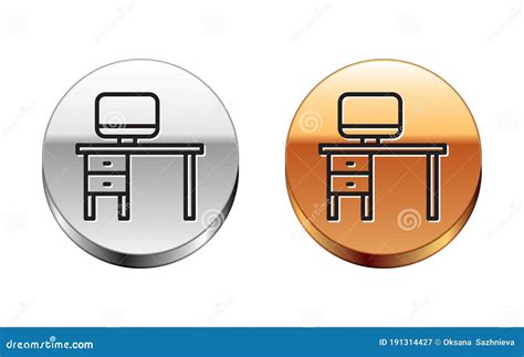 Black Line Computer Monitor And Desk Icon Isolated On White Background Pc Component Sign Stock