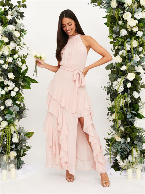 Pink Chiffon Bridesmaid Dress Frill High Neck Maxi Dress In Blush