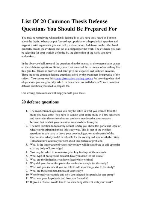 List Of 20 Common Thesis Defense Questions You Should Be Exams Science Education Docsity