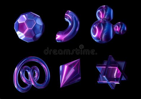 3d Render Abstract Geometric Primitive Shapes Set Of Purple Neon