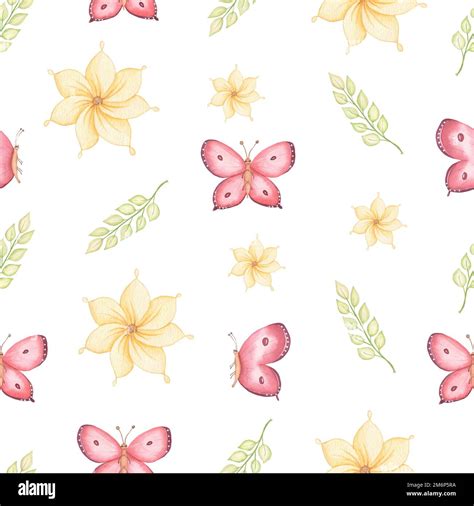 Seamless Spring Pattern Yellow Flowers Green Leaves And Flying