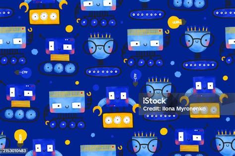 기계 전자 로봇과 원활한 패턴 게임 캐릭터 고립된 배경에 고립된 아이 그림입니다 포장지 섬유 보육원에 적합 0명에 대한 스톡