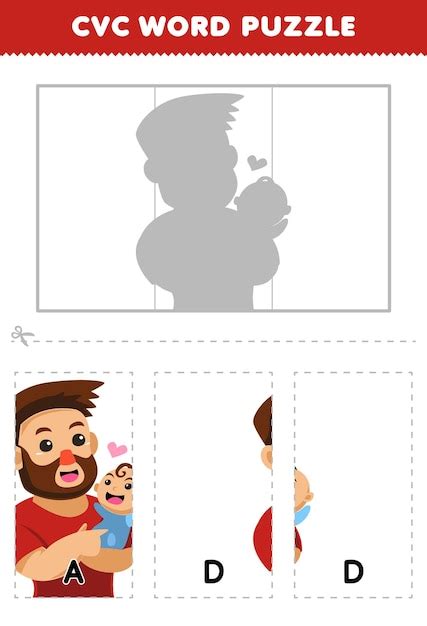 아기 사진 인쇄용 워크시트를 들고 있는 귀여운 만화 아빠의 퍼즐을 완성하여 Cvc 단어를 배우는 어린이를 위한 교육 게임
