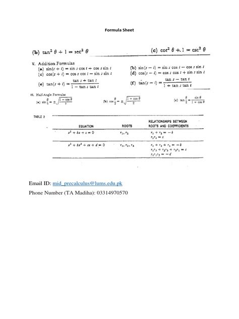 Math 100 Formula Sheet Pdf