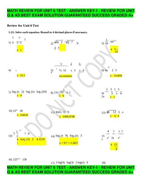 Math Review For Unit 6 Test Answer Key Exams Nursing Docsity