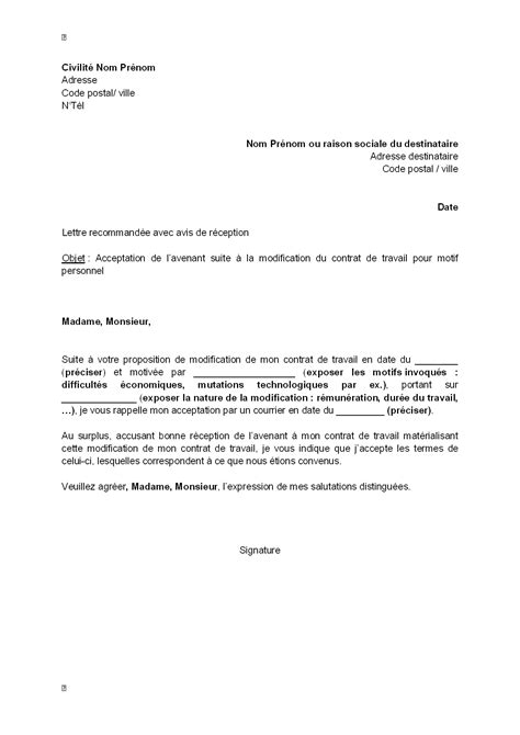 Lettre Dacceptation Par Le Salarié De Lavenant Suite à La