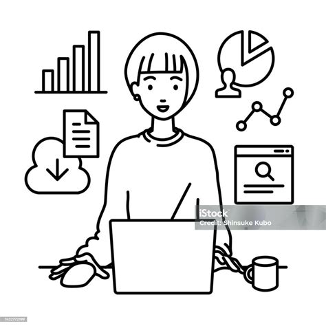 웹 사이트 검색 클라우드에서 파일 공유 분석 및 머그잔으로 책상에서 보고서를 만들기 위해 랩톱 컴퓨터를 사용하여 캐주얼 한 스타일을 가진 여성 검색에 대한 스톡 벡터 아트