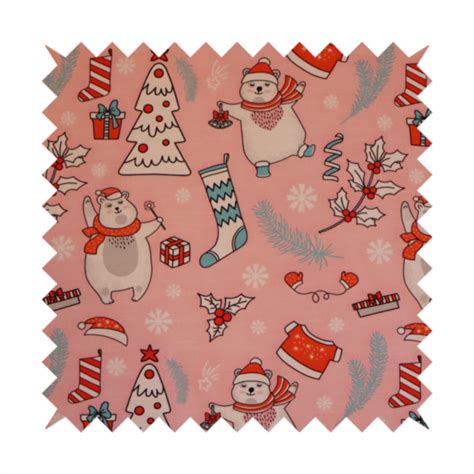Dancing Polar Bear Pink Winter Wonderland Print Upholstery Fabric Dp 6