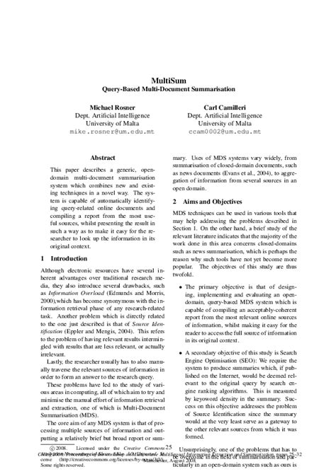 Pdf Multisum Query Based Multi Document Summarisation Mike Rosner