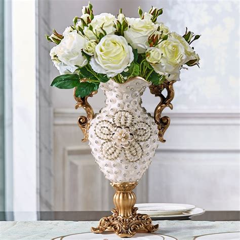 Shinely 15 European Retro White And Gold Resin Large Flower Vase Decor