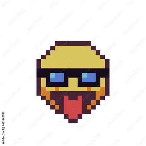 Smile In Blue Glasses Shows Tongue Pixel Art Icon Tease Emoticon Cute Face Cartoon Character