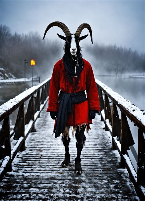 Lexica Scary Goat Man From Urban Legend On Bridge Fog And Snow