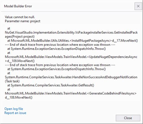 Model Builder Error Value Cannot Be Null Parameter Name Project