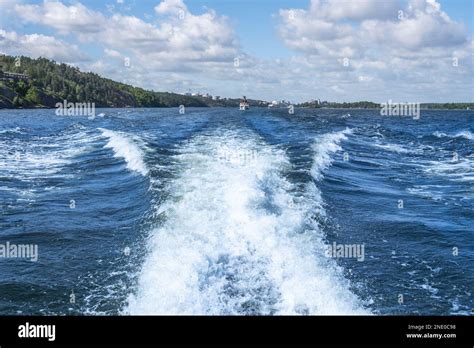 Rough Water Behind The Boat Seacruise In Sweden On A Sunny And Clear