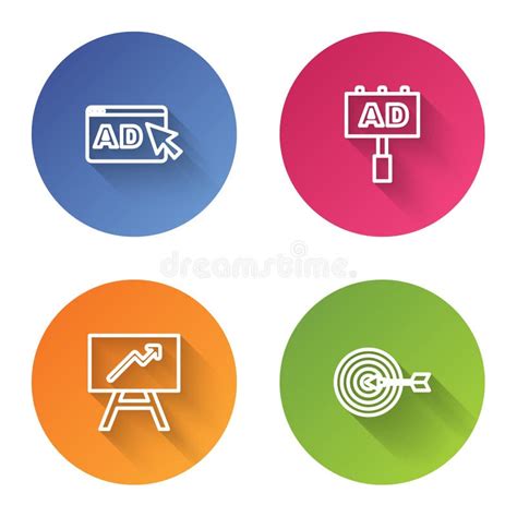 Set Line Advertising Board With Graph Chart And Target Color Circle Button Stock Vector