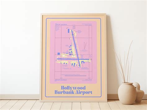 Hollywood Burbank Airport Colorful Retro Airport Map Poster Bur Pink