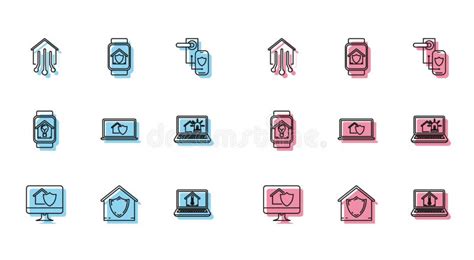 Set Line Computer Monitor With House Under Protection House Smart Home Laptop Temperature